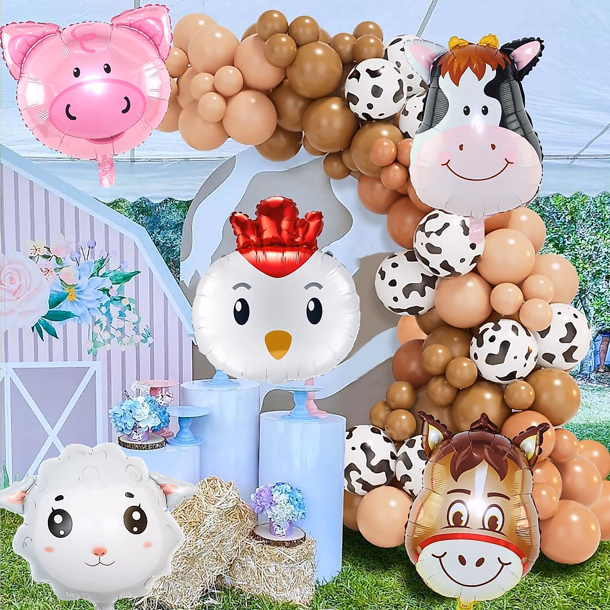 XLENGO 5 PCS Farm Animal Balloons, Cow Donkey Sheep Pig Chicken Foil Mylar Balloon for Baby Shower Farm Birthday Party Decorations Supplies