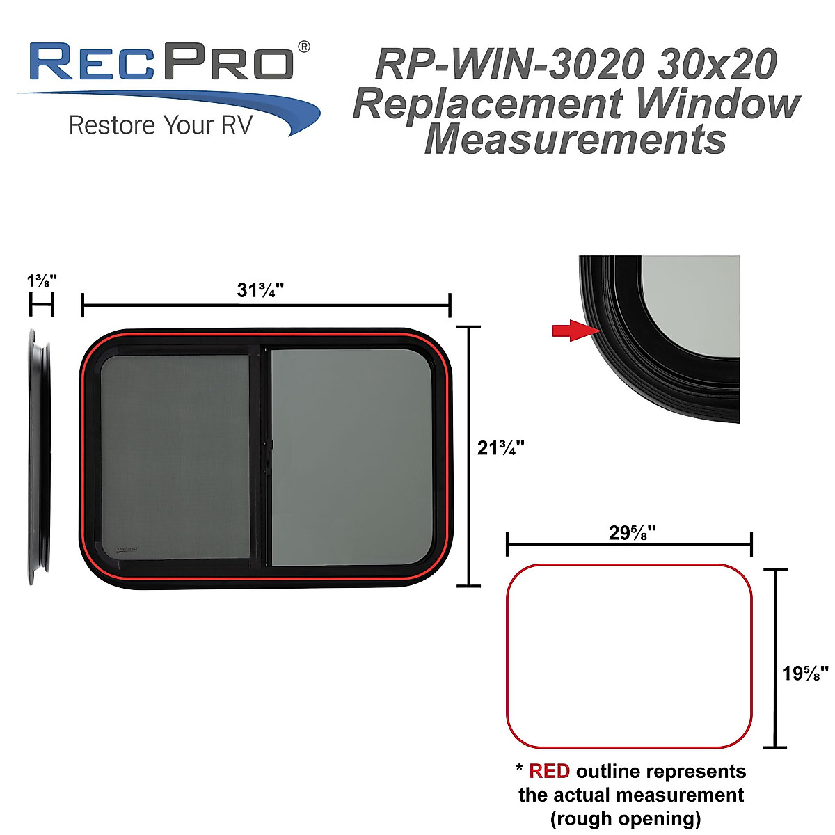 RecPro RV Window | 30" W x 20" H | Teardrop Horizontal Slide | RV Window Replacement | Camper Window | Tempered Tinted Glass | RV Window with Screen | Made in USA (No Trim Kit)