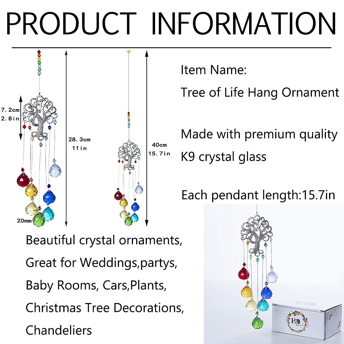 H&D HYALINE & DORA Crystal Glass Suncatcher Chakra Colors Ball Prism Tree of Life Window Hanging Ornament Rainbow Suncatcher