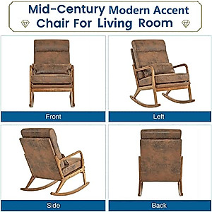 pazezog Rocking Chair,High Back Mid-Century Modern Accent Chair,Nursery Rocking Chair with Wooden Armrest,Upholstered Glider Rocker with Lumbar Pillow for Living Room