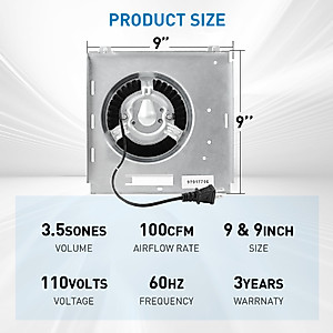 【Upgrade】 100CFM Fan Compatible with NuTone 8814R,8664RP B,8663RP B,8814 8663 8673,671RB,2.5 Sone Ultra Low Sound Fan,Compatible with Nutone 8814, 671,672RB,Compatible for Broan 750,751,752, 9"x9"