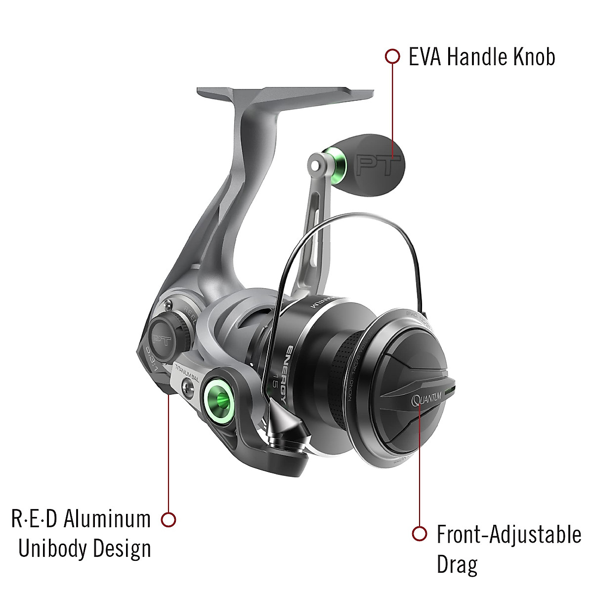 Quantum Energy S3 Spinning Fishing Reel, Size 25 Reel, Changeable Right- or Left-Hand Retrieve, Continuous Anti-Reverse Clutch, EVA Handle Knobs, 5.2:1 Gear Ratio, 8 + 1 Bearings, Silver/Black