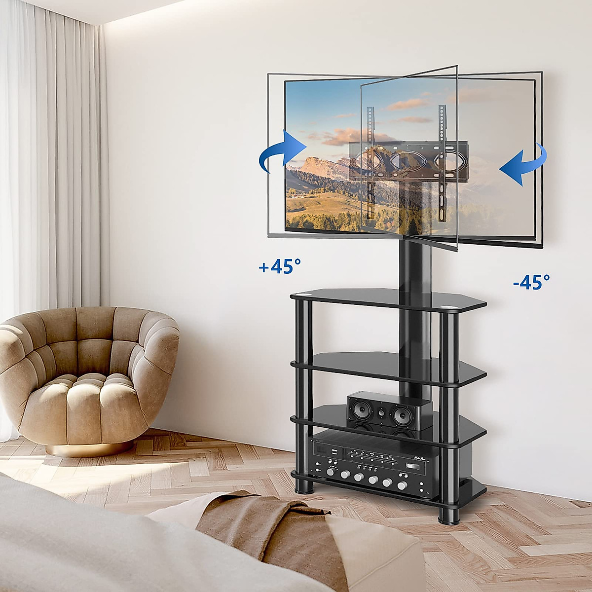 Rfiver Swivel TV Stand with Mount for 32"-70" Flat Screen, Slim Corner Entertainment Floor TV Mount with 4-Tier Tempered Glass Media Shelves, Height Adjustable and Cable Management