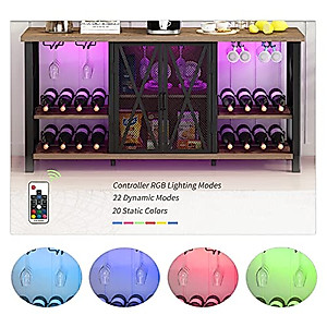 O&K FURNITURE Wine Bar Cabinet for Liquor and Glass with Storage & LED Lights, Rustic Metal Wood Wine Rack Buffet Cabinet, Industrial Coffee Bar Cabinet for Living Room, Home Bar (Brown)