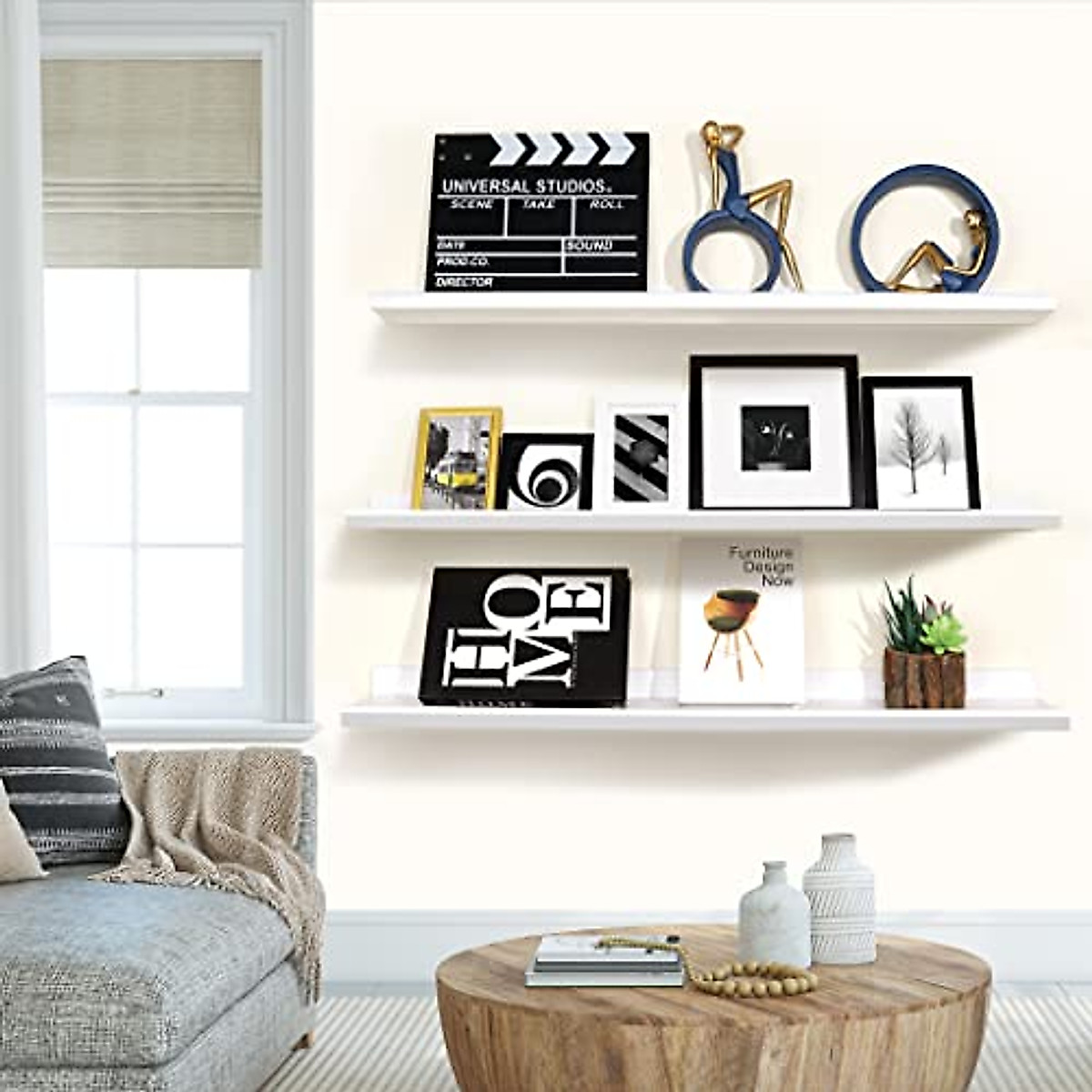 Annecy Floating Shelves Wall Mounted Set of 3, 36 Inch White Rustic Wood Shelves for Wall, Wall Storage Shelves with Guardrail Design for Bedroom, Bathroom, Kitchen, Office, 3 Different Sizes