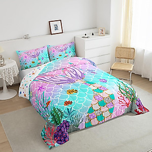 Erosebridal Twin Comforter Set for Girls, Mermaid Twin Bedding Sets for Girls Kids Toddler Ocean Fish Scales Quilt Rainbow Bedding Coastal Nautical Sea Animal Duvet Insert Teal Pastel Pink Room Decor