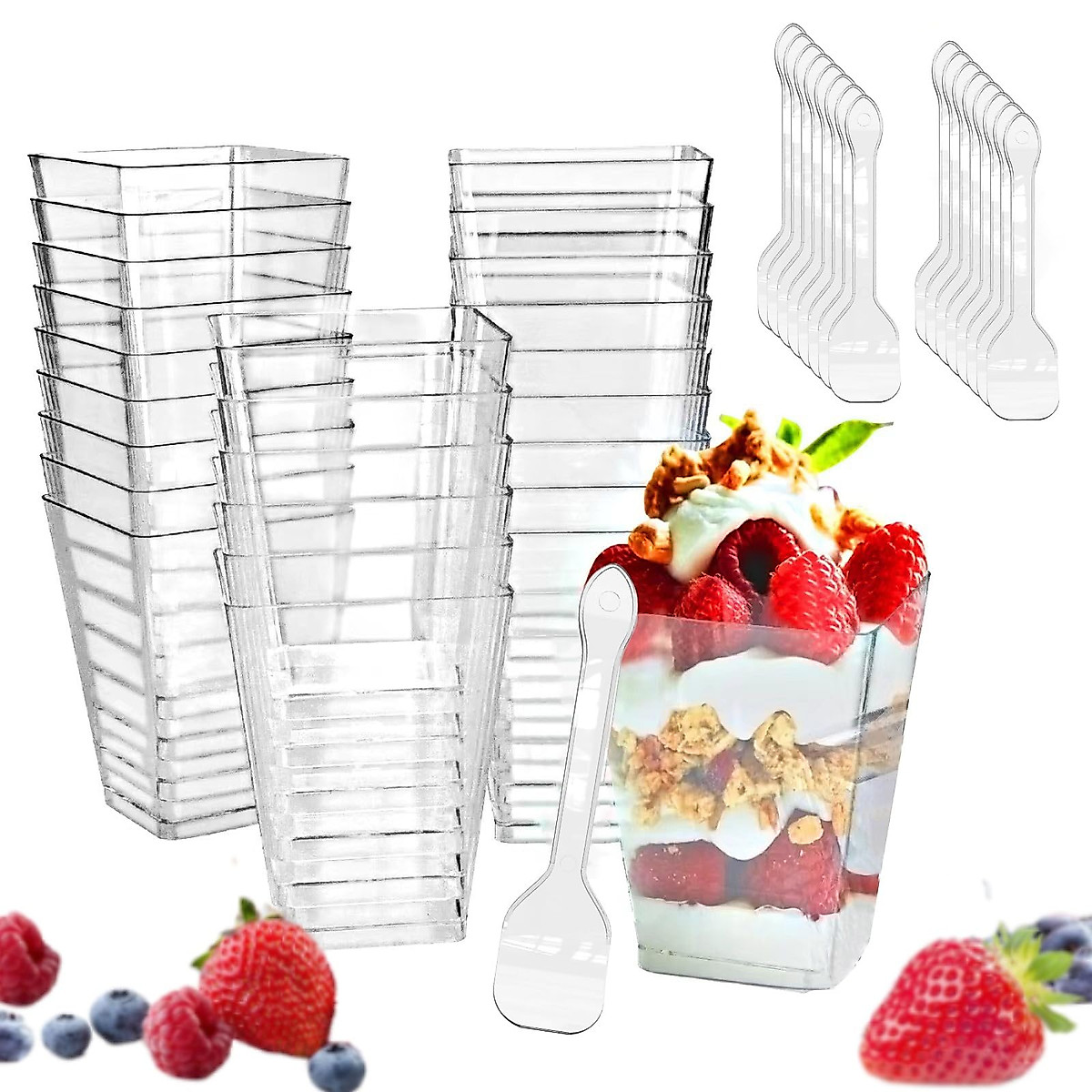 KETWOD 5-ounce transparent square dessert Cups (50 dessert Cups+50 Spoons)