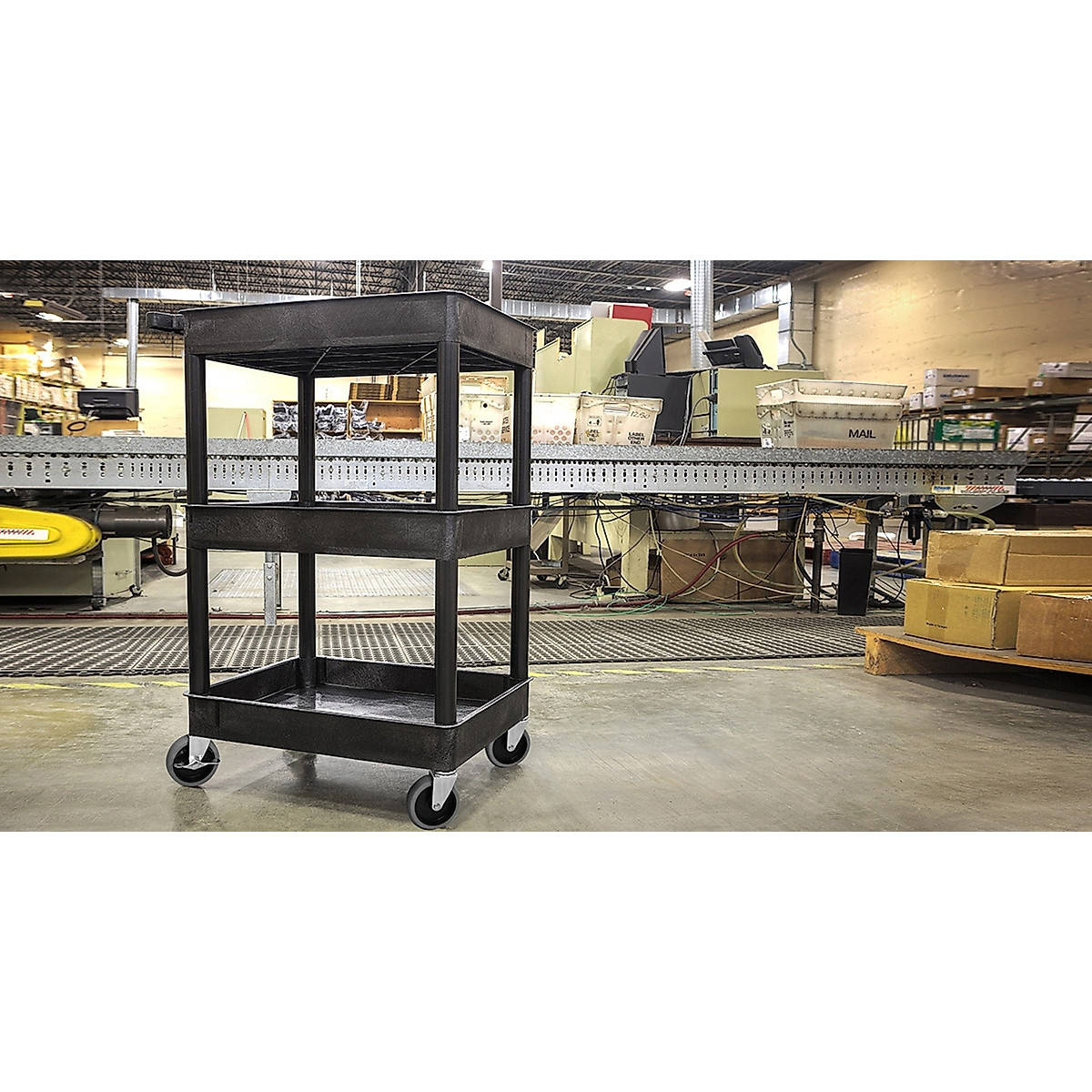 Tubstr Compact 3 Shelf Utility Cart | Heavy Duty Service Cart Supports up to 300 lbs! | Tub Cart with Deep Shelves | Great for Warehouse, Garage, Cleaning & More (3 Shelf/Black / 24 x 18)