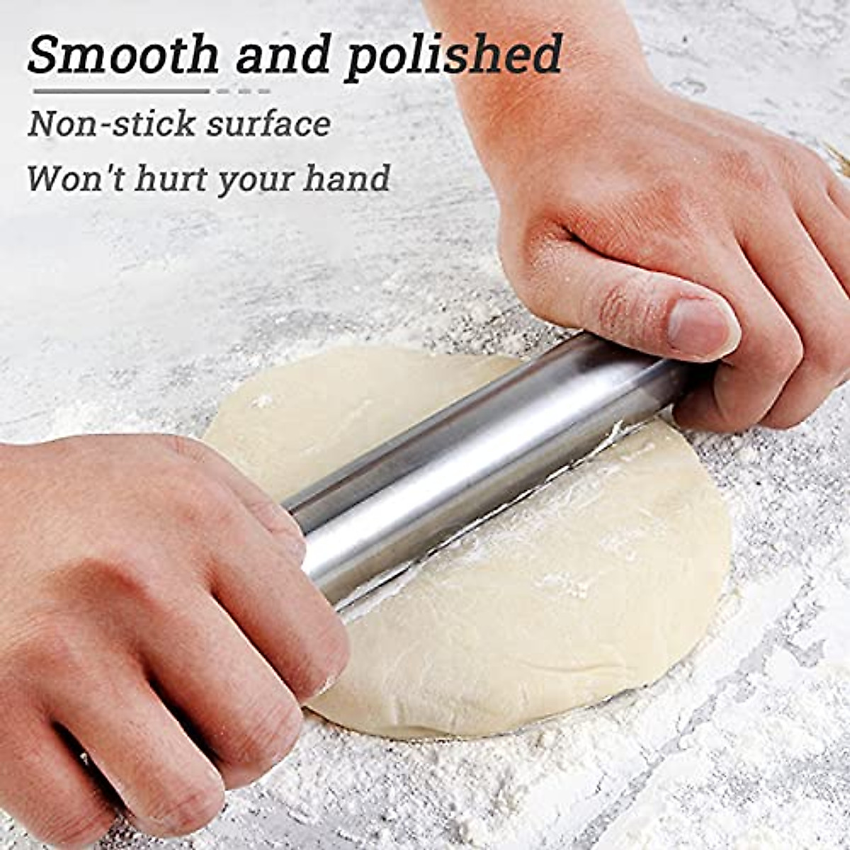 KUFUNG Professional French Rolling Pin for Baking Top-Grade Stainless Steel, Light Weight, Easy to Roll Design Metal Rolling Pin Fondant Rolling Pin for Pie Crust (L, Silver)