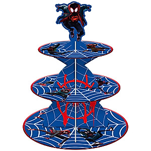 Miles Morales 3 Tier Cardboard Cupcake Stand Spider Hero Treat Stand Cupcake Holder Spidey Themed Party Decorations Supplies for Kids Fans Birthday Party