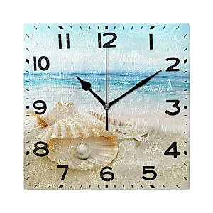 Naanle 3D Stylish Beautiful Summer Beach Seashell with Big Pearl Print Square Wall Clock Decorative, 8 Inch Battery Operated Quartz Analog Quiet Desk Clock for Home,Office,School