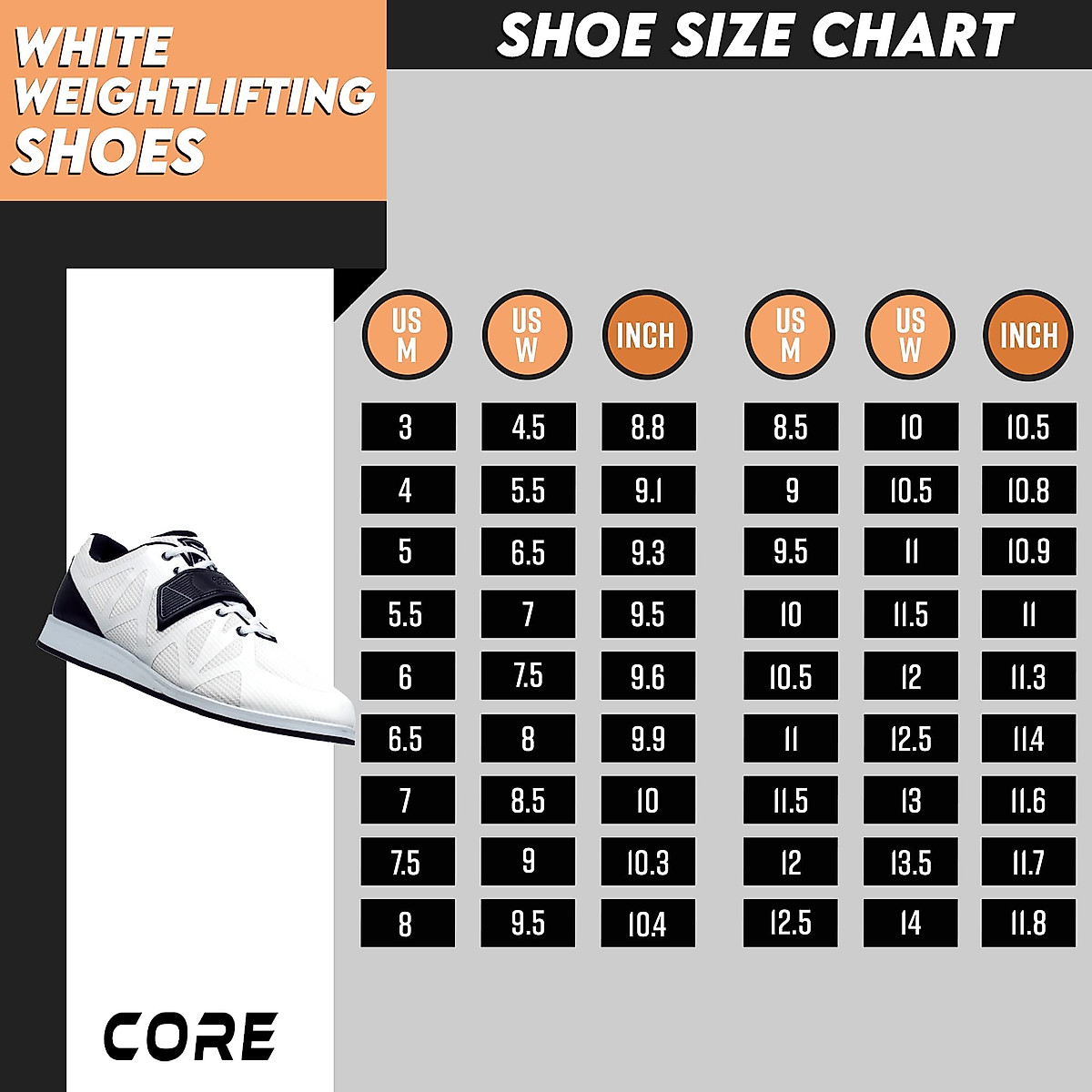 CORE Weightlifting Shoes - Squat Shoes for Powerlifting, Crossfit, Deadlifting, Weight Training - Olympic Lifting Footwear with 1.2" Heels - Strap and Lace-Up Gym Shoes for Men and Women - White