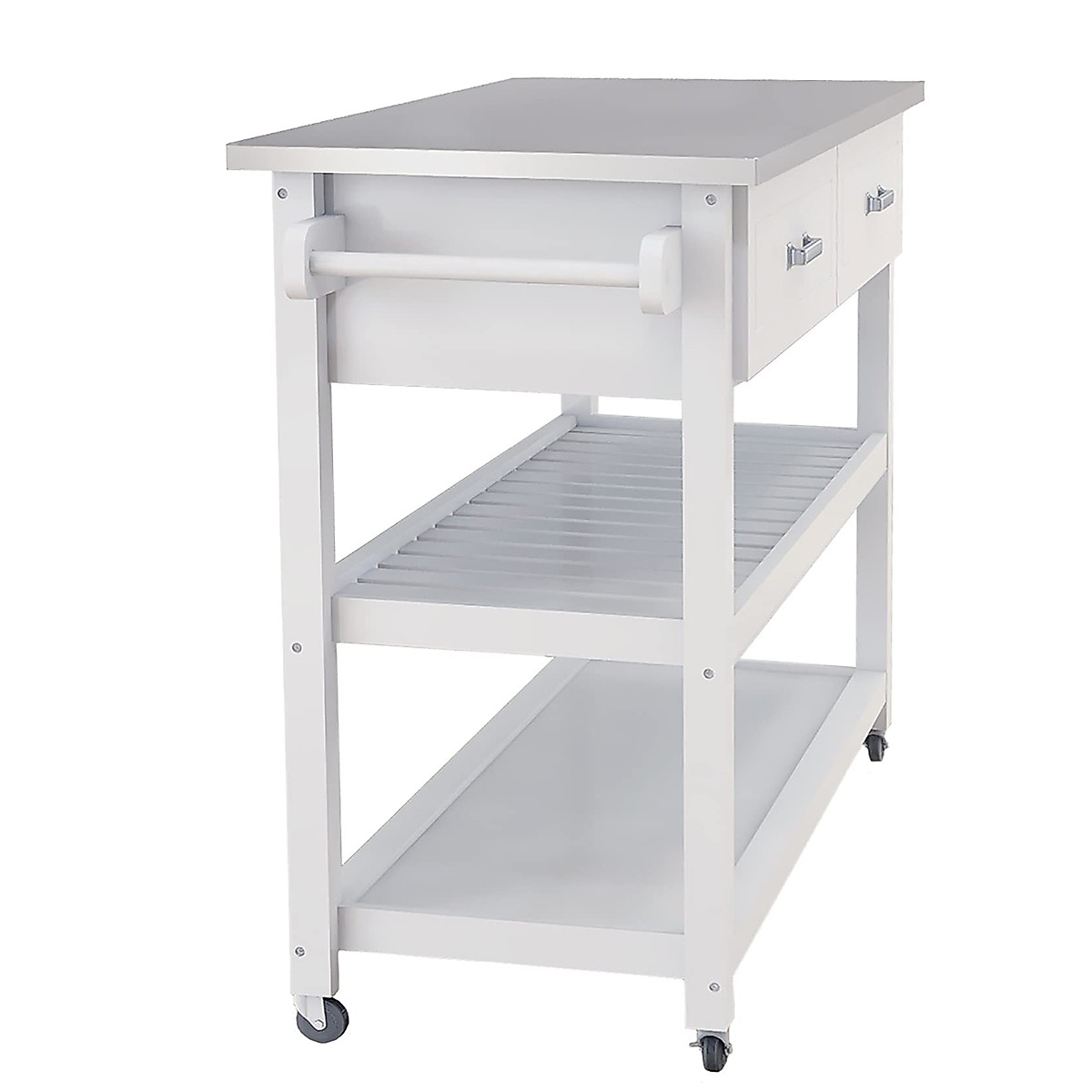 Amposei Kitchen Island 47’’ Stainless Steel Top Rolling Utility Cart on Wheels with Drawers and Storage Shelves (White)