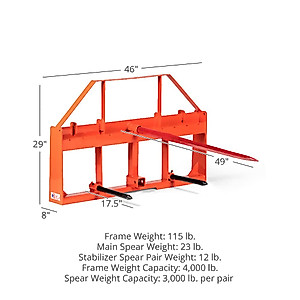 Titan Attachments UA USA Made Orange Hay Frame Attachment, 49" Hay Spear and Stabilizers, Rated 4,000 LB