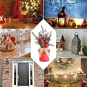 Qingbei Rina Artificial Christmas Centerpiece Decoration,Mini Red Christmas Tree Potted Plants,Holiday Table Fake Greenery with Christmas Ball, Pine, Berry for Home,Office, Window, Fireplace