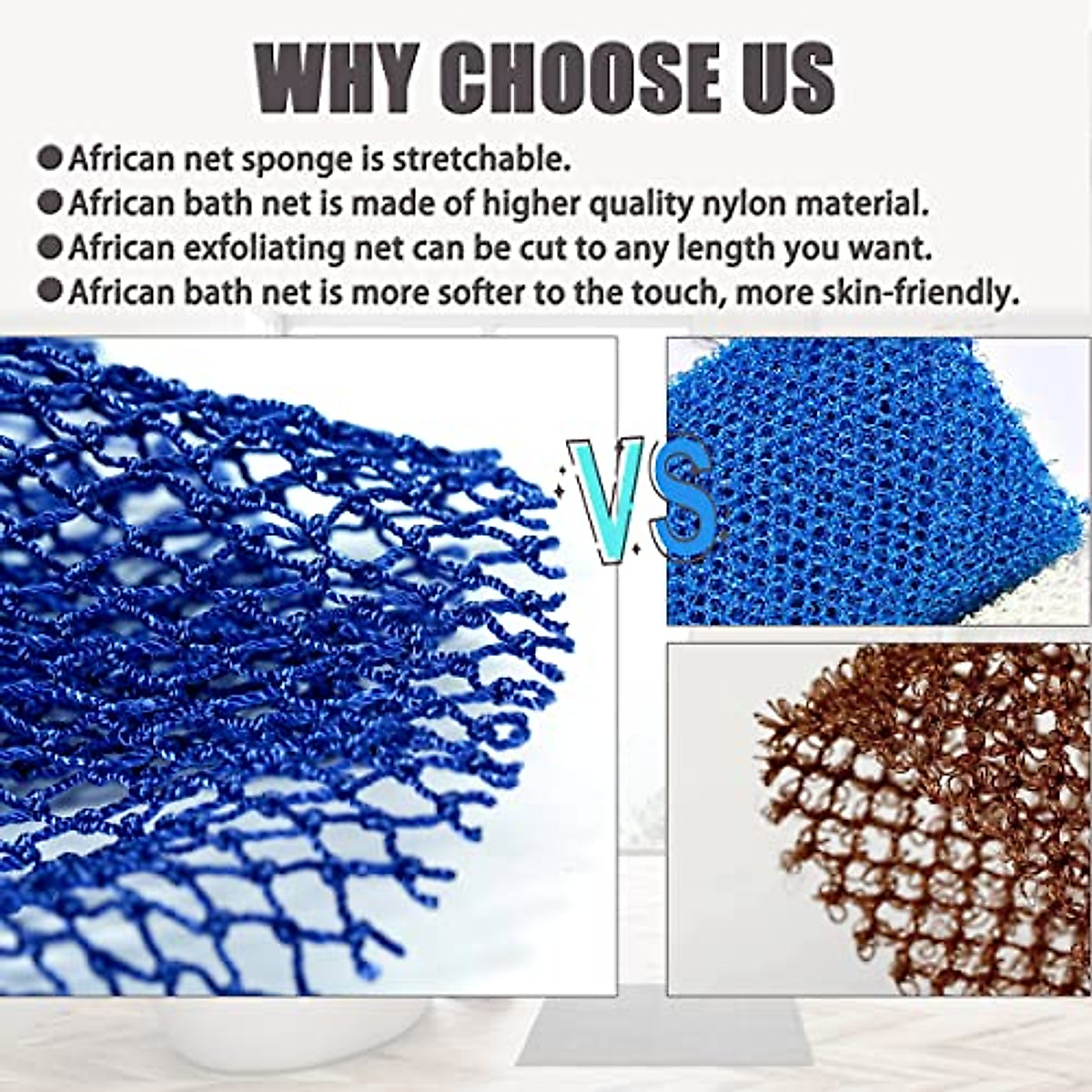 African Net Sponge, 2 Pieces African Exfoliating Net, Premium Nylon African Bathing Sponge Net, African Wash Net for Daily Back Body Scrub Scrubber Shower Net (Black, Blue)