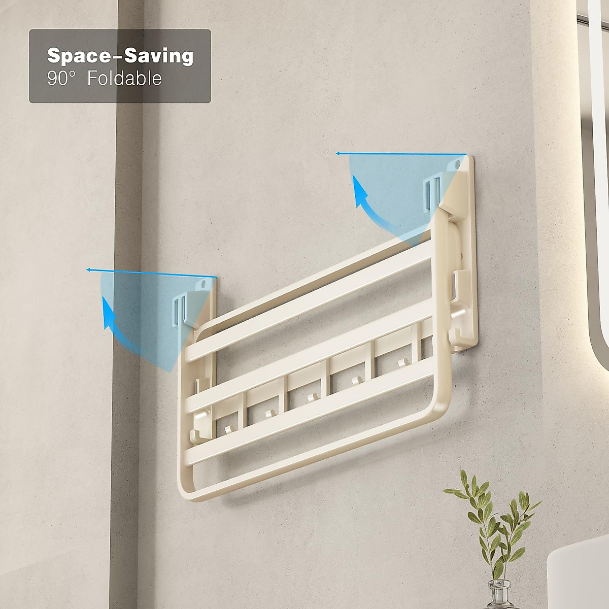 VOLDRA Towel Racks for Bathroom, 24-Inch Towel Shelf with Towel Bar Foldable Towel Holder with 7 Hooks Towel Storage Organizer for Bathroom & Lavatory Wall Mounted(Cream White)