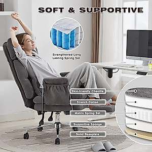 TUKAKA Big and Tall Fabric Computer Chair,Full Stainless Steel Comfy Ergonomic Home Office Chair with Foot Rest, Cute Chenille High Back Reclining Chair with Springs Cushion,Lumbar Support(Koala Gray)