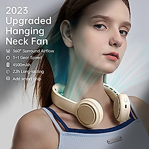 JISULIFE Portable Neck Fan, 4500mAh Bladeless Personal Neck Fan USB Rechargeable Wearable Fan, 3+1 Speeds, Upgraded Airflow & Ultra-quiet, Sweatproof Neck Brace & Hands-free Adjustable Design-Brown