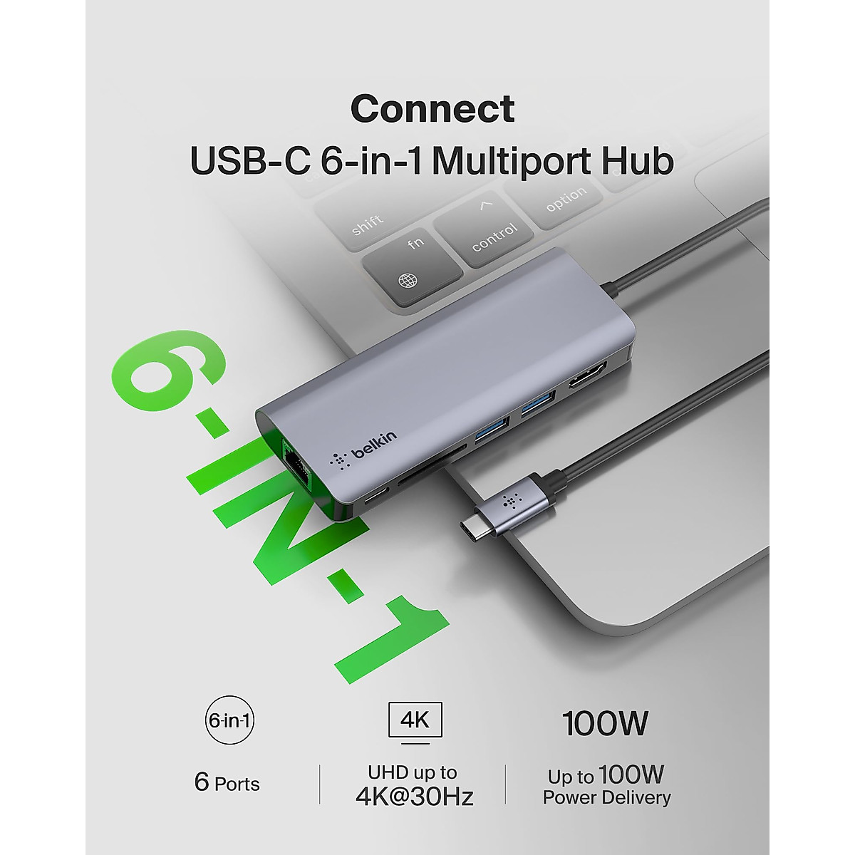 Belkin USB C Hub, 6-in-1 MultiPort Adapter Dock with 4K HDMI, USB-C 100W PD Pass-Through Charging, 2 x USB A, Gigabit Ethernet Ports and SD Slot for MacBook Pro, Air, iPad Pro, XPS and More