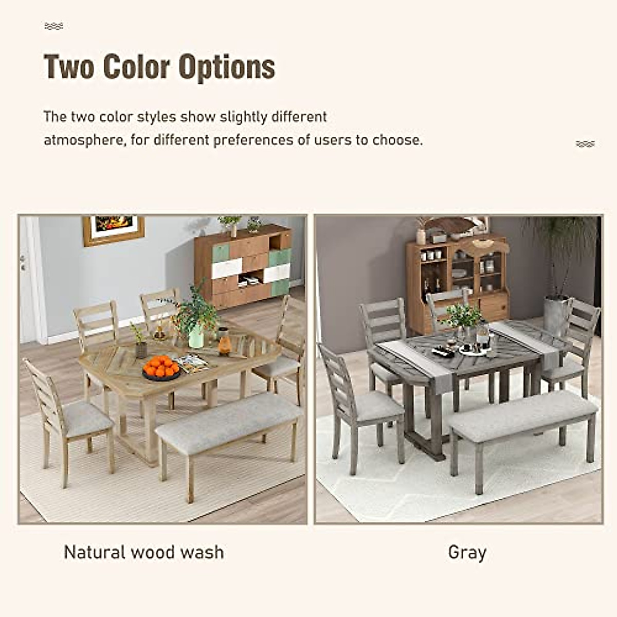 CITYLIGHT 6 Piece Kitchen Dining Table Set, Rubber Wood Rectangular Dining Table with Beautiful Wood Grain Pattern Tabletop Solid Wood Veneer and Soft Cushion for Home, Dining Room(Gray)