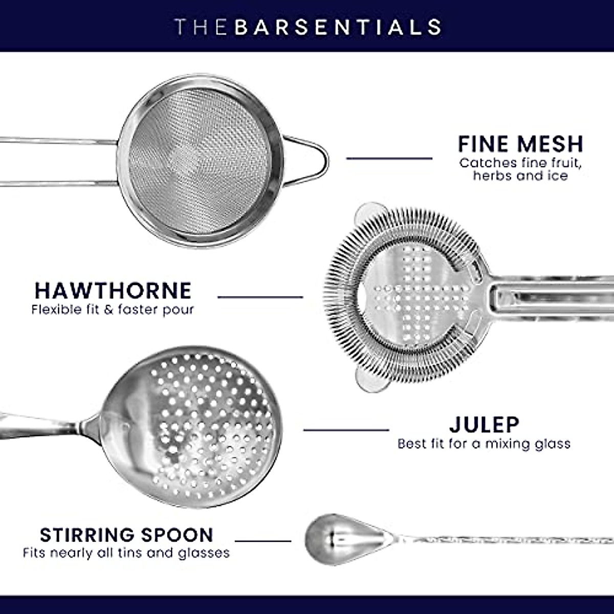 TheBarsentials Cocktail Strainer Set Stainless Steel Bar Tool with Stirring Spoon - Hawthorne Strainer, Julep Strainer, Fine-Mesh Strainer/Sifter