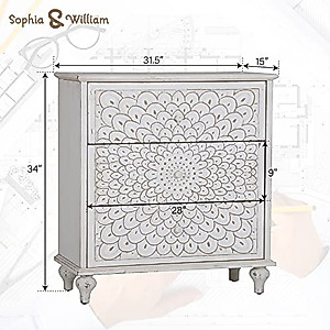 Sophia & William Accent Storage Cabinet with 3 Drawers Distressed Storage Chest with Carved Finch Feather Pattern for Entryway Living Room Bedroom