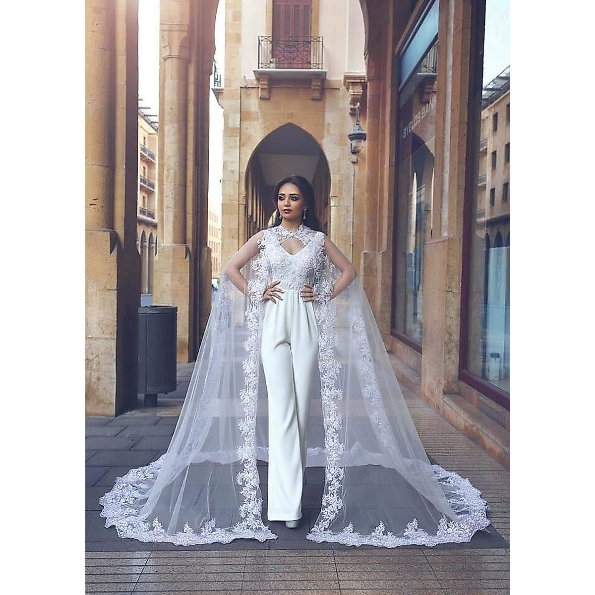 Kelaixiang Women Veil Cape Tulle Lace Applique 3M 4M Wedding Capes Bridal Wraps Long Train Shawls Cloak