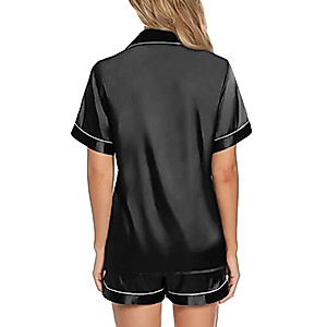 Senert Satin Pajama Set Women Silk Pjs Set Short Sleeve Two Piece Button Down Pajamas Sleepwear Lounge Sets Black,Medium