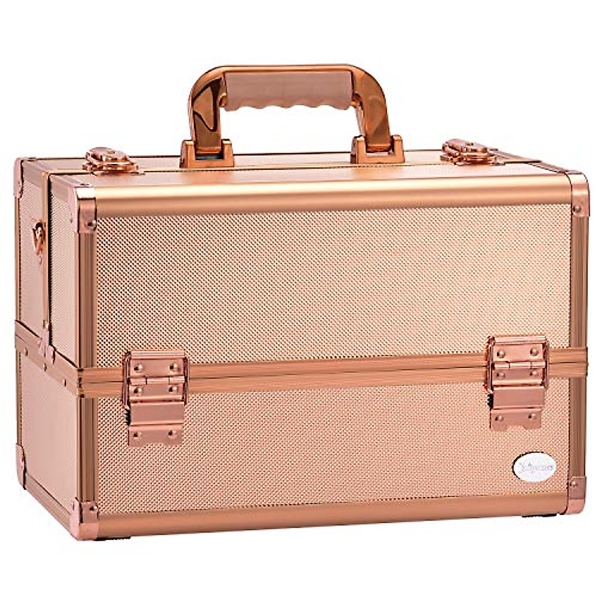 Joligrace Makeup Train Case Professional - 13.5 Inch Portable Artist Lockable Aluminum Cosmetic Organizer Storage Box with 4 Adjustable Dividers Trays 2 Locks and Shoulder Strap Rose Gold