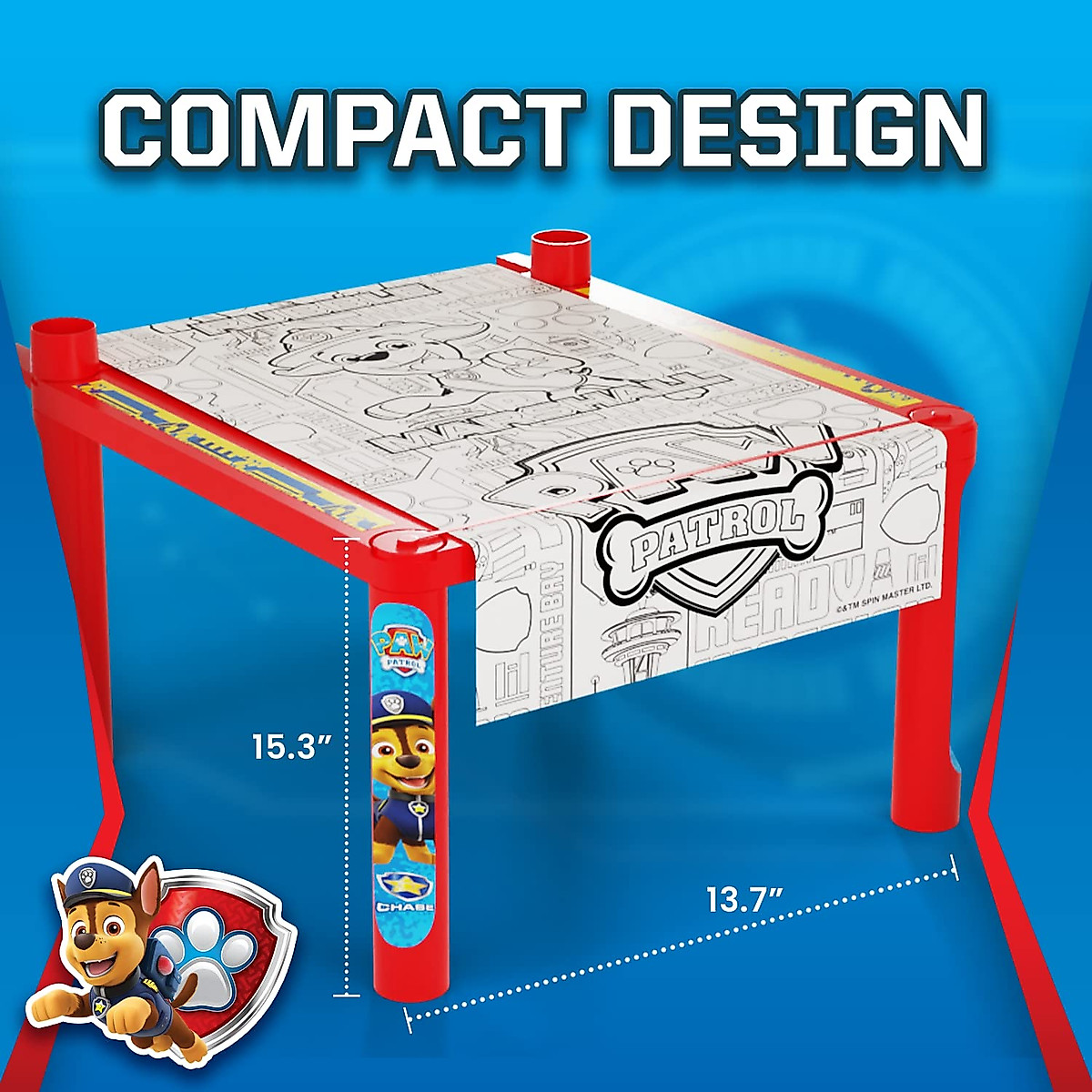 Paw Patrol Activity Coloring Table with Art Paper Roll, Plastic Desk Holder, Crayons & Stickers - Color & Craft Art Table - Red Activity Floor Desk, Ages 3-6