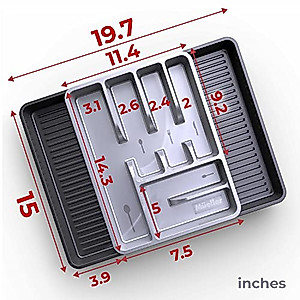 Mueller Large Flatware Kitchen Drawer Organizer, Expandable 19.7" x 15" Silverware Organizer, 6 Compartments, Heavy-Duty, Cutlery Tray for Utensils or Stuff, Dining Room, Living Room, Grey