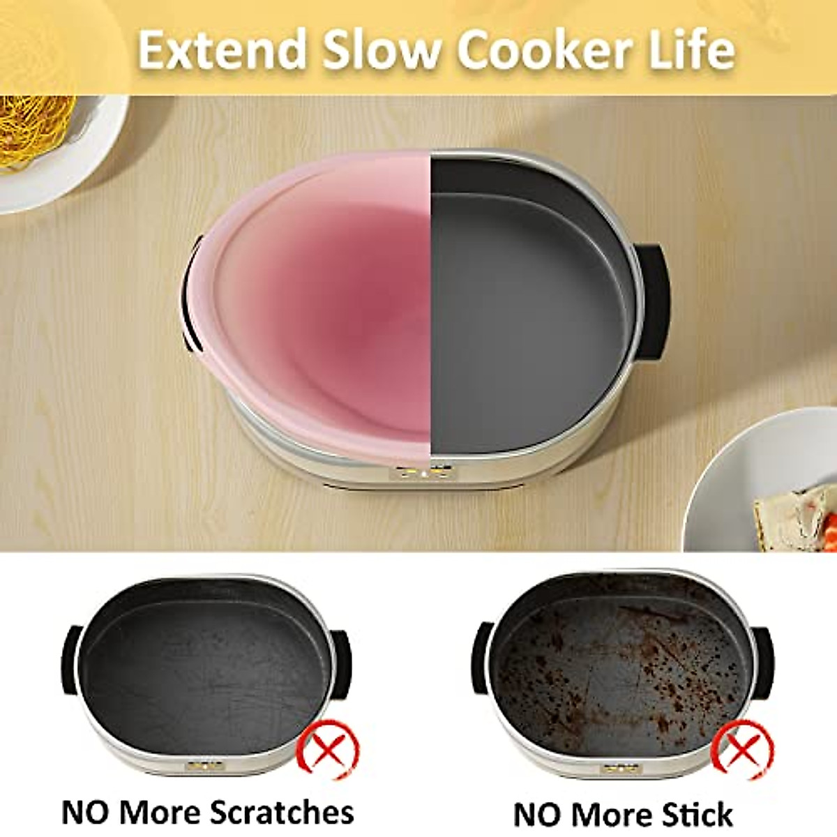 Silicone Slow Cooker Liners Fits for 6-8 Quarts Crockpot,Reusable Silicone Cooking Bags Liners,Dishwasher Safe/Easy Clean/Leakproof/Slow Cooker Accessories for Oval Or Round Cooker (pink+yellow,6-7QT)