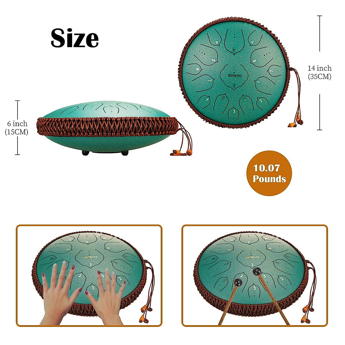 14 Inch 15 Note Steel Tongue Drum Qingshi Percussion Instrument Lotus Hand Pan Drum with Drum Mallets Carry Bag，Used for music education concert spiritual healing yoga meditation (Green)