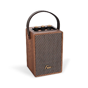 Fuse Andle Vintage Retro Bluetooth Speaker with Vegan Leather Handle | Portable Speaker with Smartphone Connection | USB & AUX Input | Stylish Brown Wood Exterior