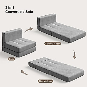 Aiho Folding Sleeper Sofa Chair Bed, Memory Foam Floor Couch , Modern Linen Fabric Removable Cover, for Living Room/Apartment/Dorm/Loft (Light Grey)