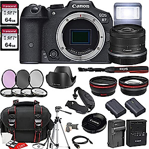Canon EOS R7 Mirrorless Camera w/RF-S 18-45mm f/4.5-6.3 is STM Lens + 2X 64GB Memory + Hood + Case + Filters + Tripod & More (35pc Bundle)