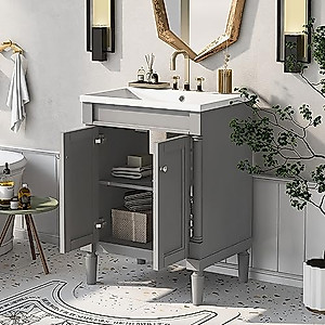 VKKILPEE 24 inch Bathroom Vanity Sink Combo Freestanding Bathroom Vanity with Top Sink, Bath Vanity Storage Cabinet with Large Storage Shelves, Modern Single Sink Bathroom Cabinet, Grey