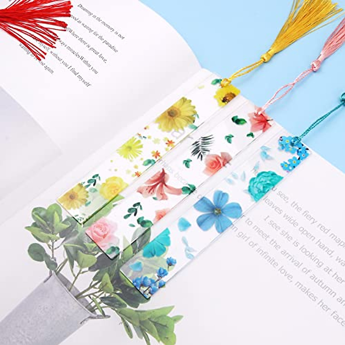8 Sets Flower Acrylic Bookmarks Transparent Acrylic Bookmarks Cute Floral Bookmarks with Colorful Tassels for Women Teacher Kids Book Lovers