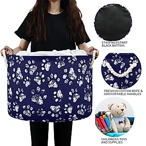 ALAZA Large Storage Basket for Toys White Dog Printed Blue Round Blanket Basket Laundry Hamper Canvas Organizer Bin Box Cotton Rope Collapsible Bucket Pillow Home Decor