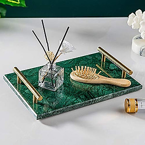 StonePlus Natural Real Marble Tray, Catchall Key Perfume Tray, Serving Tray with Handles for Living Dining Room (Drak Green,11.8Lx7.87W)