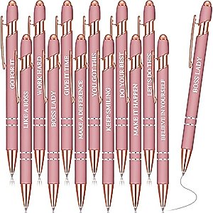Zonon 12 Pieces Quotes Pen Inspirational Ballpoint Pen with Stylus Tip Motivational Messages Pen Metal Inspirational Pen Set Metal Black Ink Pens Encouraging Stylus Pen (Boss Lady, Rose Gold)