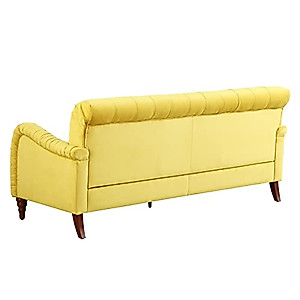 Melpomene Chesterfield-Styled 3 Seater Sofa Couch, Modern 72" Velvet Sofa with Button Tufting, Unique Arm and Wood Legs,Yellow