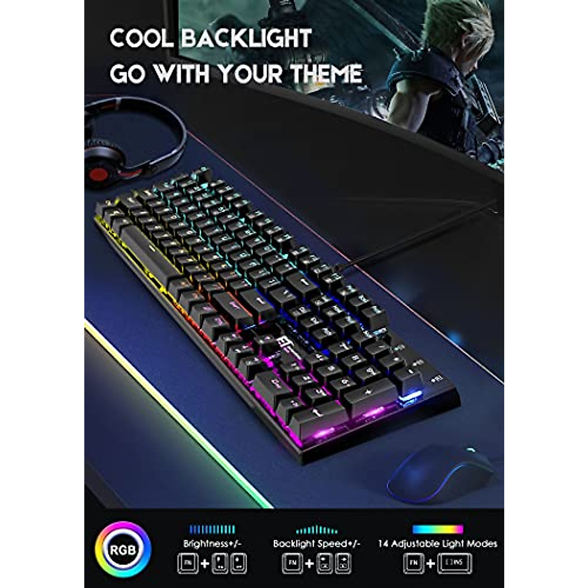 MIQ Mechanical Gaming Keyboard,Wired 104 Keys RGB Keyboard with Blue Switch, Programmable RGB Backlit for Windows Gaming PC