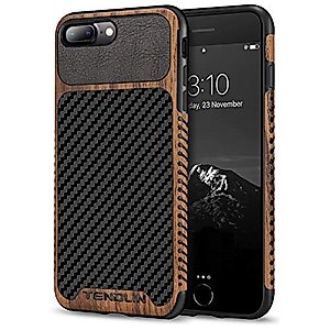 TENDLIN Compatible with iPhone 7 Plus Case/iPhone 8 Plus Case Wood Grain with Carbon Fiber Texture Design Leather Hybrid Slim Case Compatible with iPhone 7 Plus and iPhone 8 Plus (Carbon & Leather)