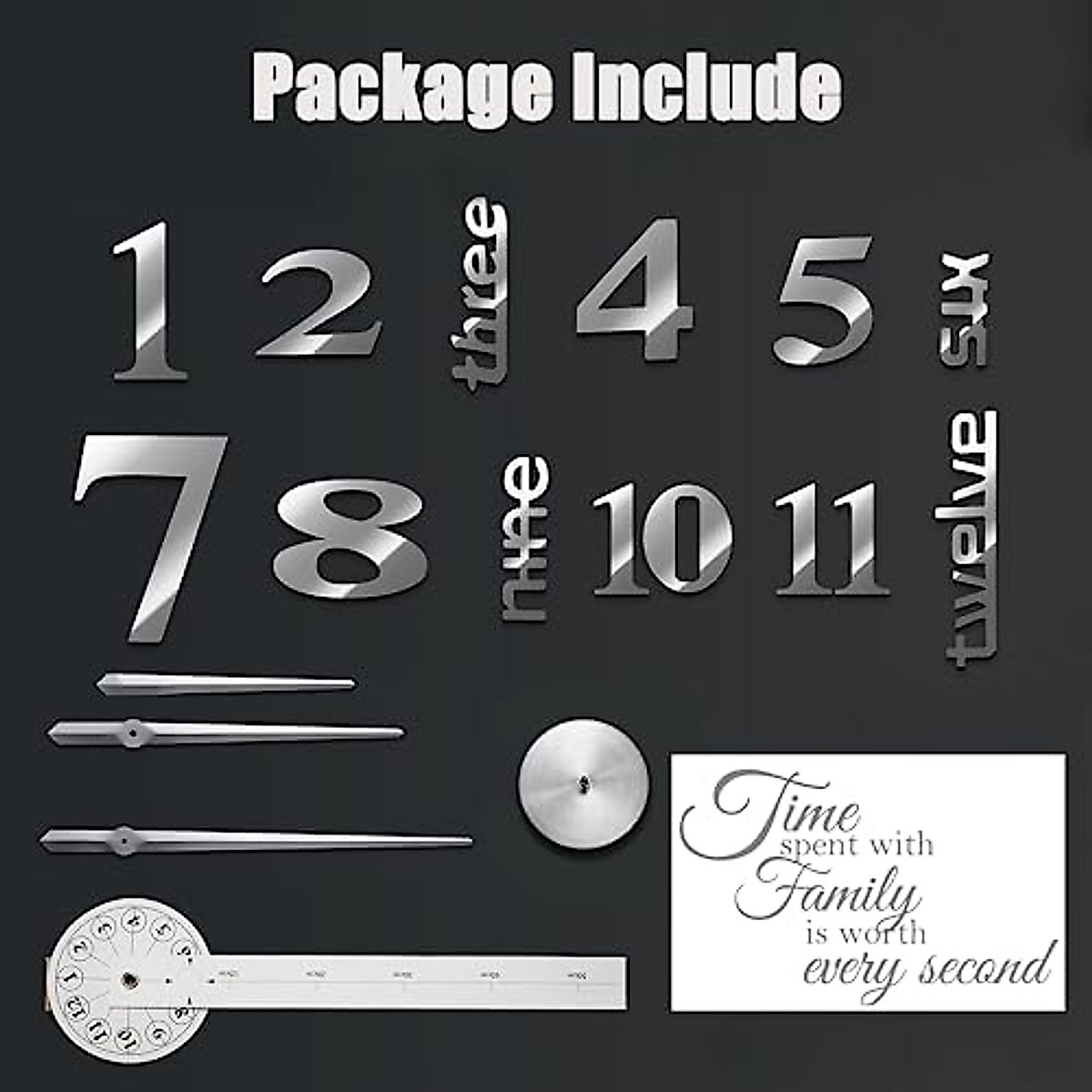 3D Wall Clock Frameless DIY Wall Clock, Big Clock with Quote Sticker for Living Room, Modern Decor for Home Bedroom Office Wall Decorations, Adjustable Size Max 47 Inch (Silver)
