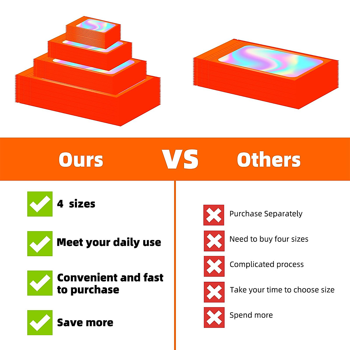 100PC Smell Proof Bags 4 Size Resealable Mylar Holographic Bags with Clear Window - Odor-Proof Packaging Pouches for Food Candy Storage, Eyelashes, Jewelry, Electronics,Small Business (Orange)