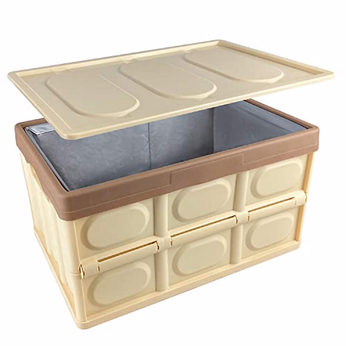 Sutekus Lidded Storage Bins Stackable 30L Storage Crates Collapsible Storage Box For Office Books Grocery Wardrobe (Light Brown)