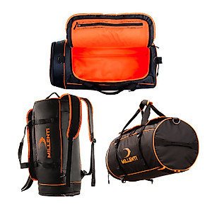 Millenti Sports Duffle Bag for Women Men - Weekender Travel Backpack 40l Gym Bag w/Shoe Compartment - Lacrosse Duffle Bag, Soccer Bag, Basketball, Volleyball, Football, DB-BLK/ORANGE