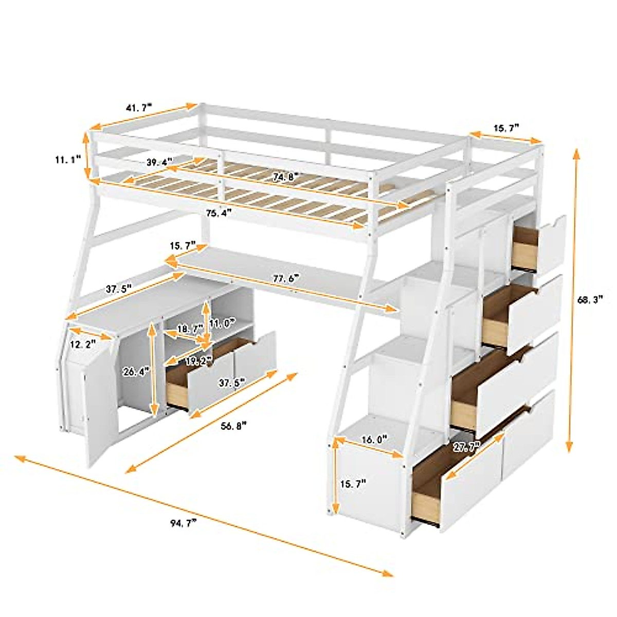 Merax Loft Bed Twin Size, Wooden Frame with Desk and Storage, Space-Saving Design with Convenient Multi-Drawers & Cabinet, for Teens Adults (White)